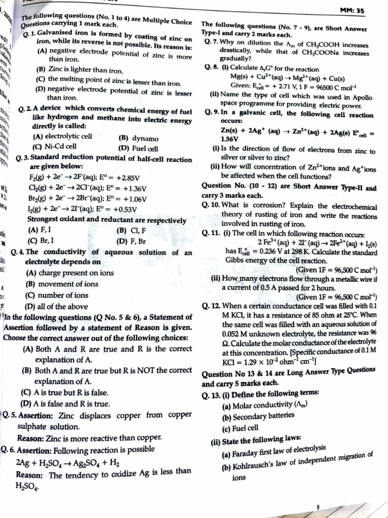 Electrochemistry Multiple Choice Questions | PDF | Electrochemistry ...