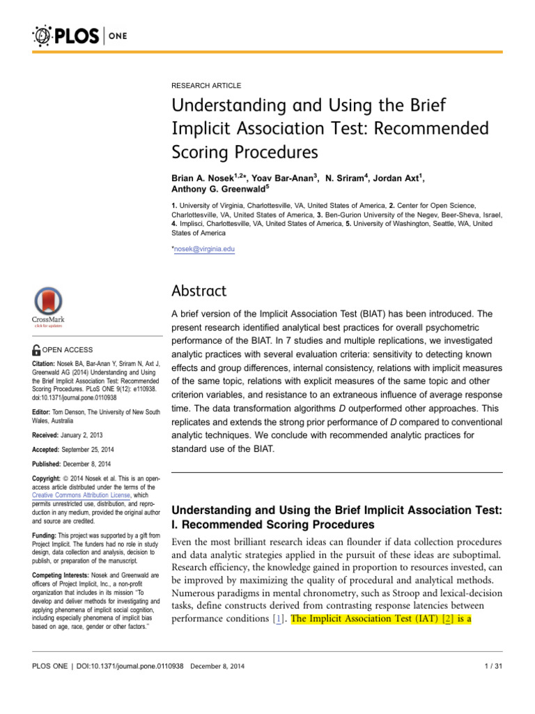 Brief Implict Association Test | PDF | Cognition | Psychology