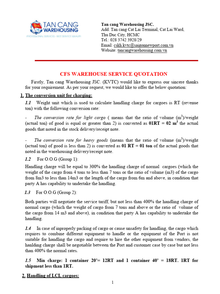 CFS WAREHOUSE SERVICE QUOTATION 2023 | PDF | Cargo | Containerization