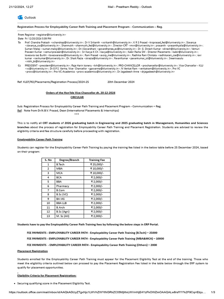 Circular For CRT Training and Registration Fee | PDF