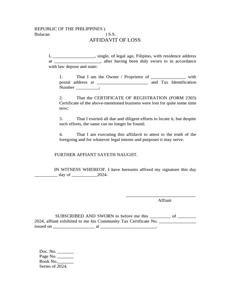 AFFIDAVIT OF LOSS - Cor 2303 Lost | PDF