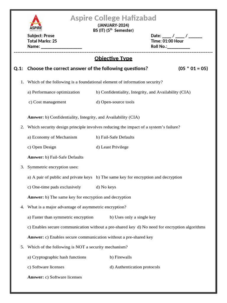 5th Semester Information Security Quiz Pdf Key Cryptography Public Key Cryptography 
