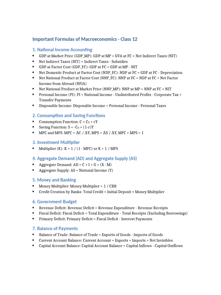 Macroeconomics Formulas Class12 | PDF