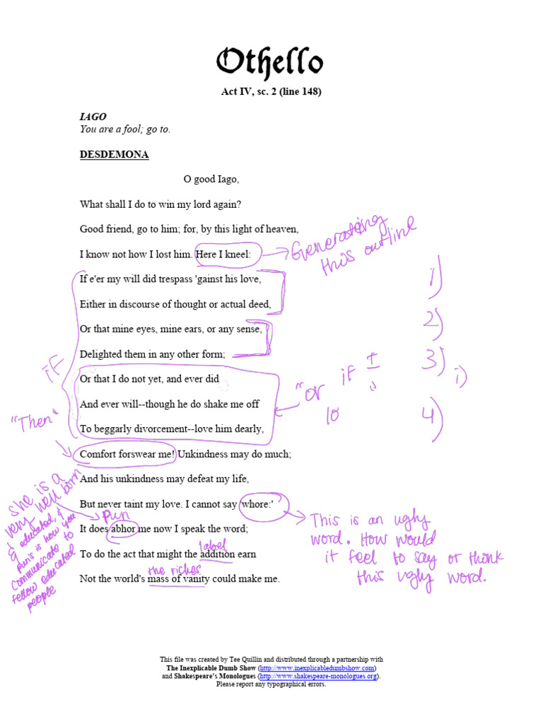 Othello - Act 4 Scene 2 - Desdemona | PDF