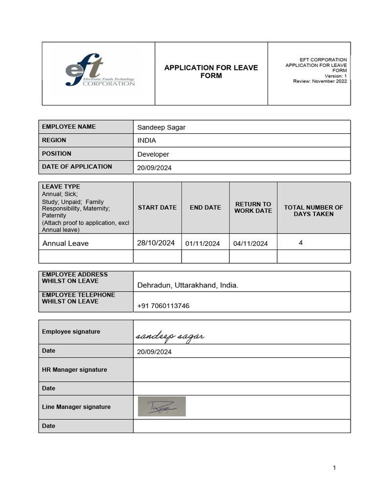 EFT Corporation Leave Application Form | PDF
