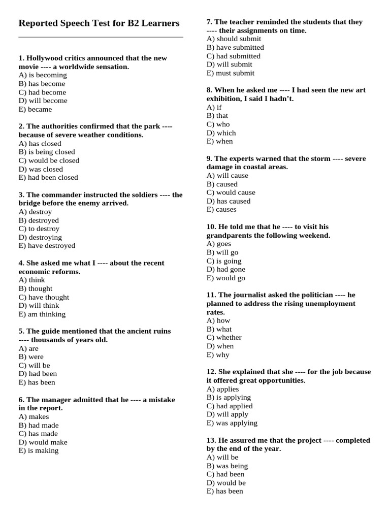 B2 Reported Speech Test Exercises | PDF