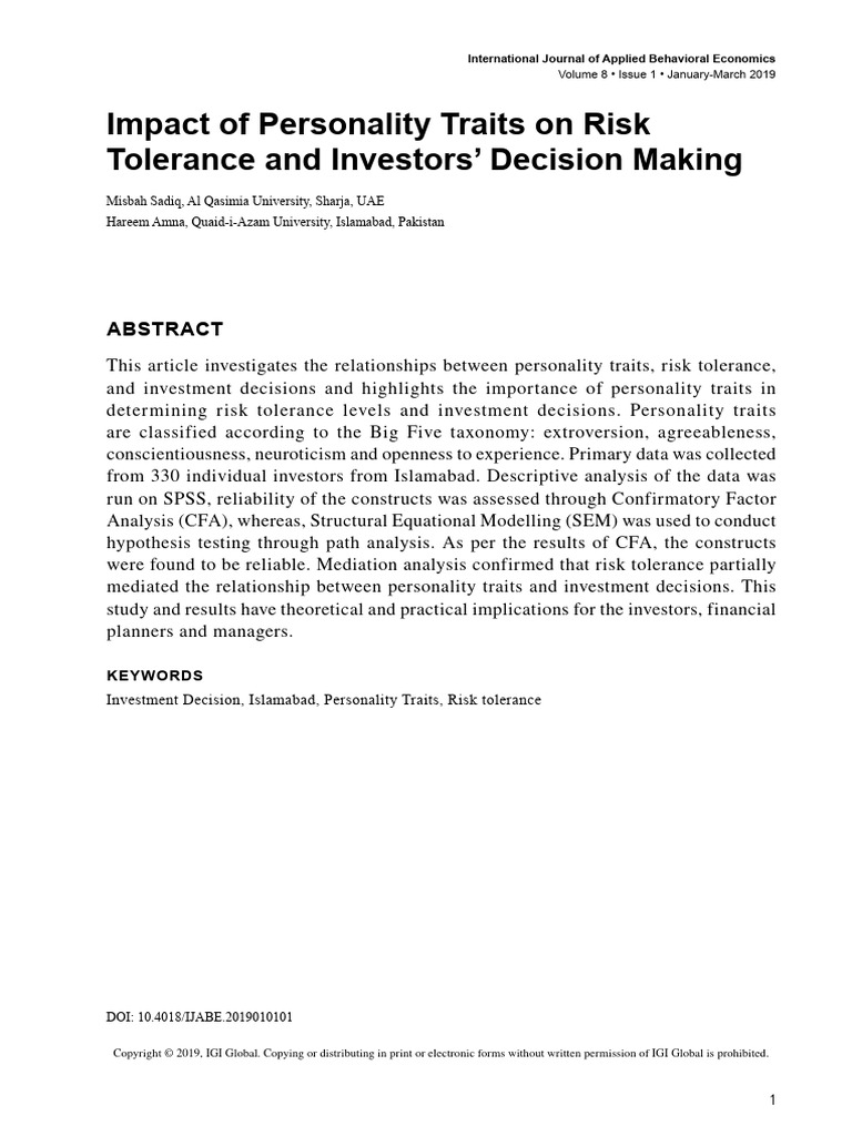 17 Impact of Personality Traits On Risk Tolerance and Investors Decision Making | PDF | Risk ...