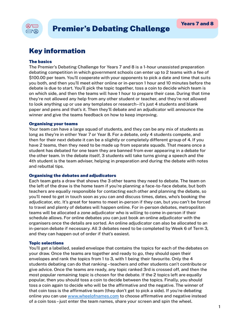 2024 Premier's Debating Challenge For Years 7 and 8 Information Guide | PDF | Tournament