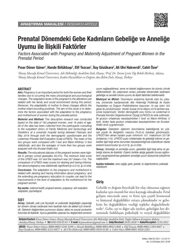 Prenatal D__nemdeki Gebe Kad__nlar__n Gebeli__e ve Anneli__e Uyumu ile __li__kili Fakt__rler ...