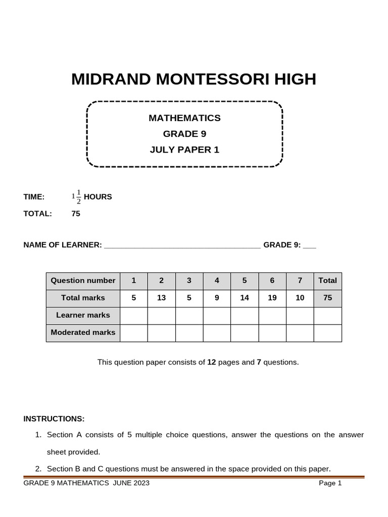 Grade 9 Mathematics June Control Test English QP-1 | PDF | Mathematics ...