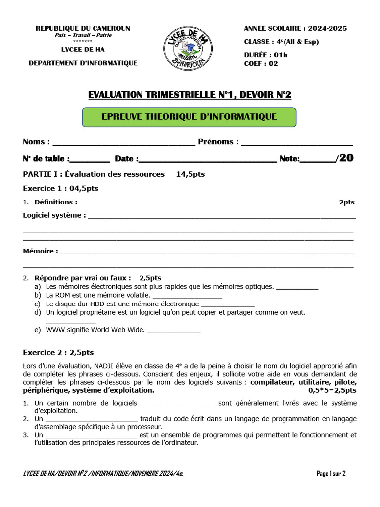 Corrigé Info Devoir 2 4e | PDF | Système d'exploitation | Fournisseur d'accès à Internet