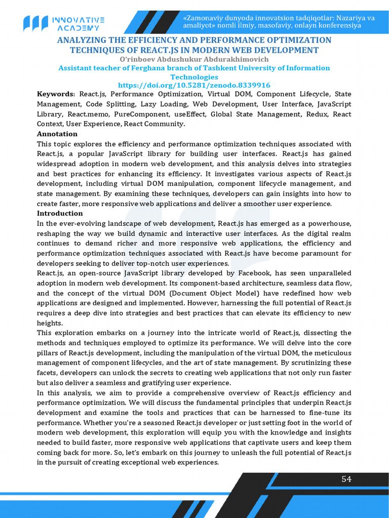 Analyzing The Efficiency And Performance Optimization Techniques Of React Js In Modern Web