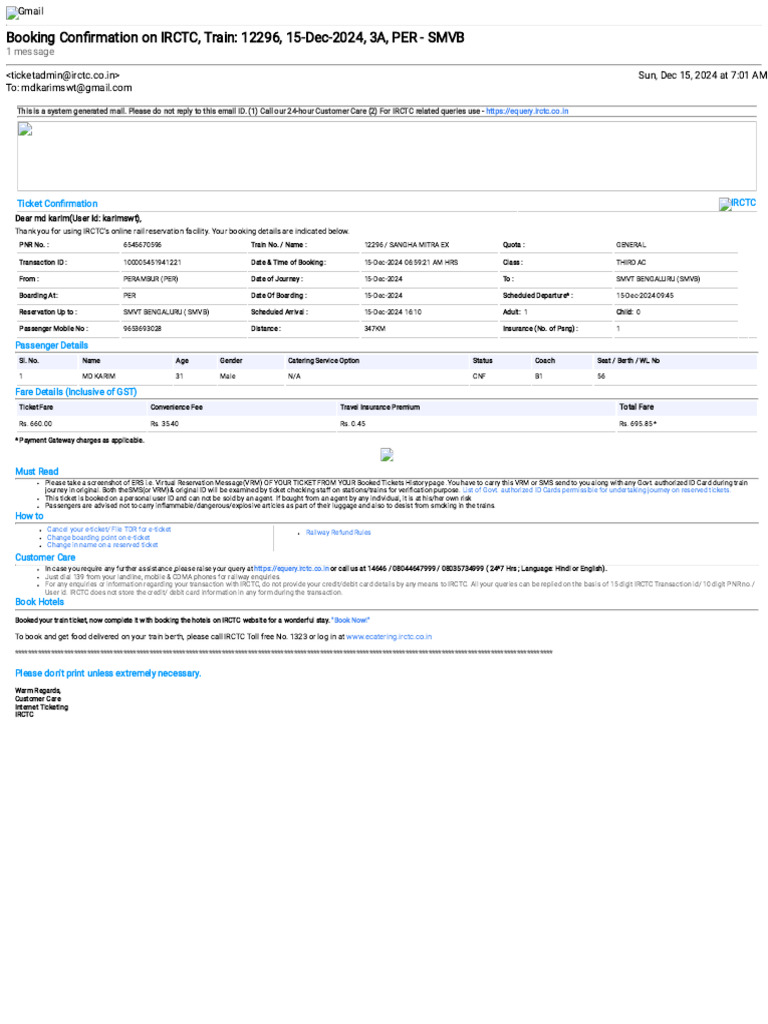 IRCTC Train Booking Confirmation | PDF | Service Industries