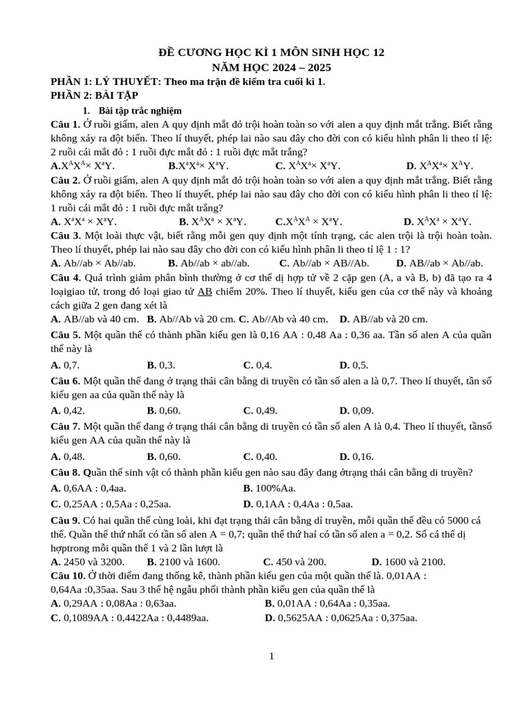Đề Cương Sinh 12 - Ck1 | PDF