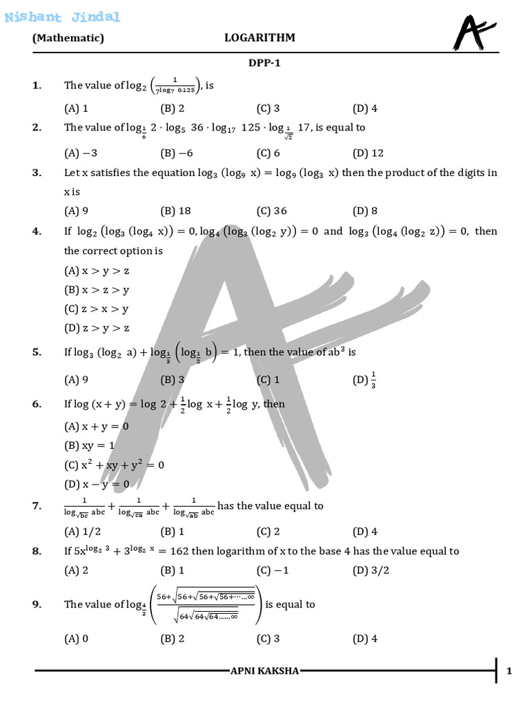 Sheet - 01 Quadratic Equation NJ_247 (1) | PDF | Logarithm | Function (Mathematics)