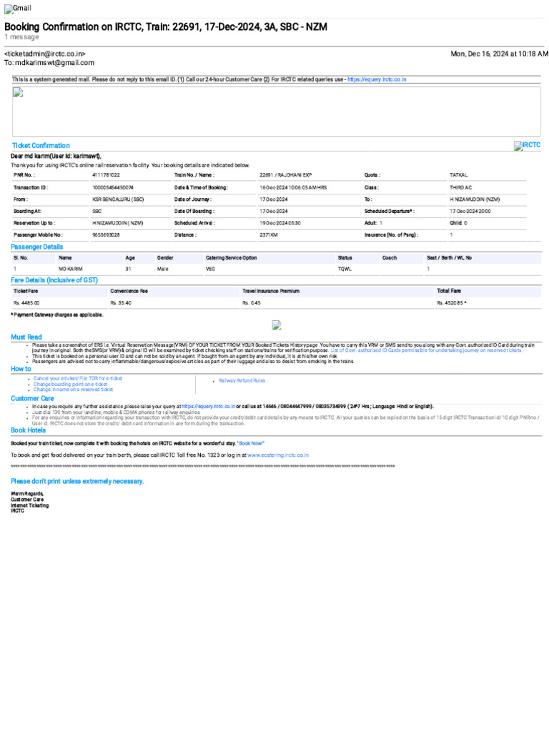 Gmail - Booking Confirmation on IRCTC, Train_ 22691, 17-Dec-2024, 3A, SBC - NZM | PDF | Service ...