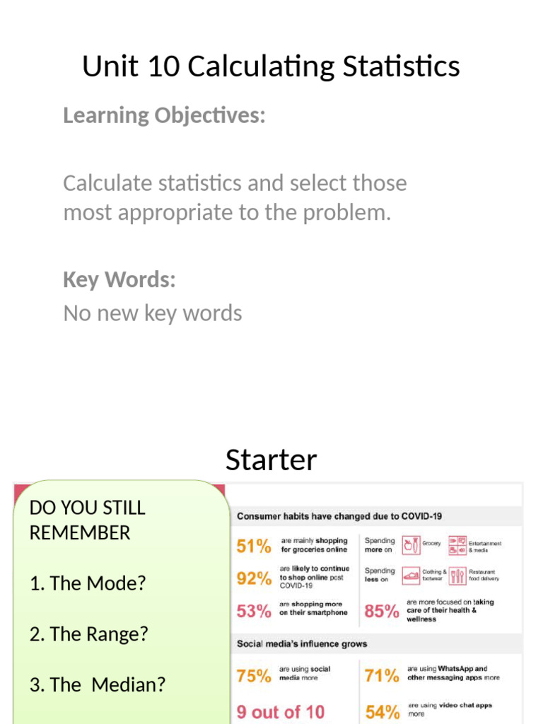 10.1 Calculating Statistics | PDF | Mode (Statistics) | Arithmetic Mean