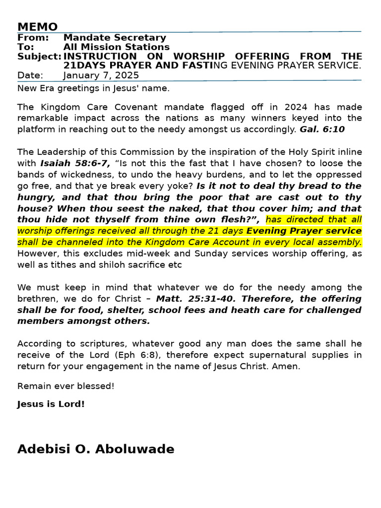 MEMO ON FASTING OFFERING | PDF
