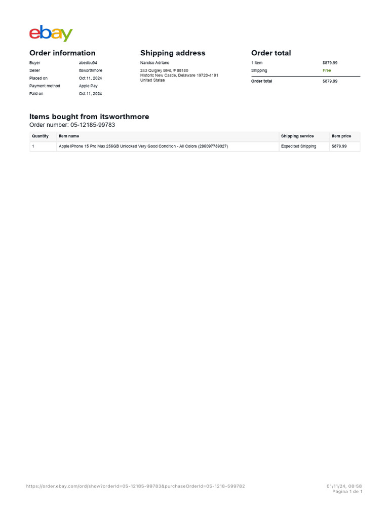 iPhone 15 Pro Max Order Invoice | PDF