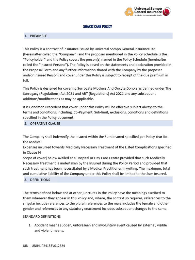 Shakti Care Policy Policy Wordings | PDF | Insurance | Intensive Care Unit