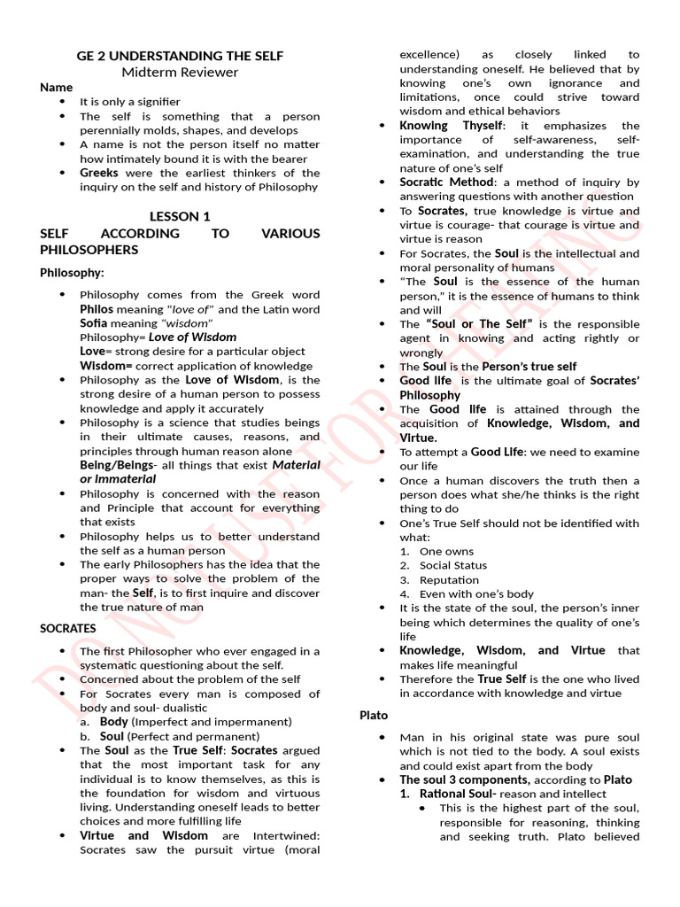 Ge 1 Midterm Reviewer | PDF | Id | Philosophy Of Self