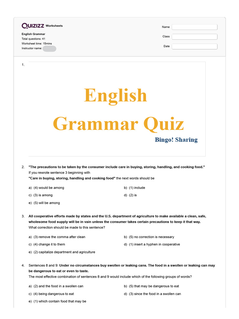 English Grammar Quiz Worksheet | PDF