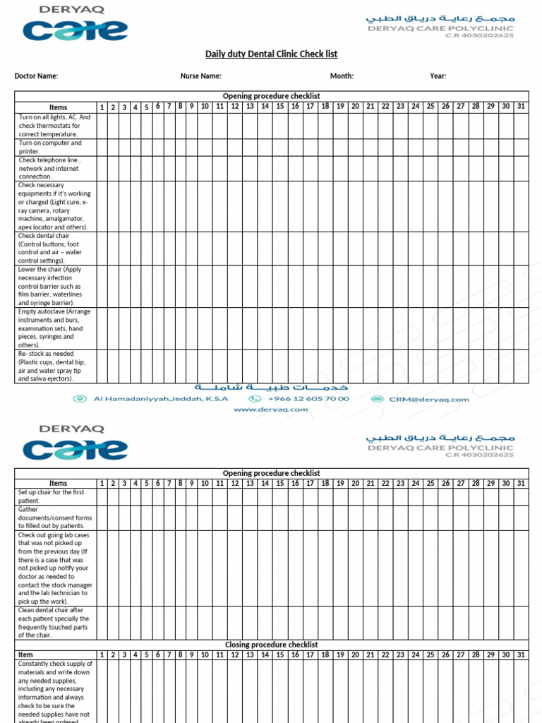 Daily Dental Clinic Duty Check List | PDF