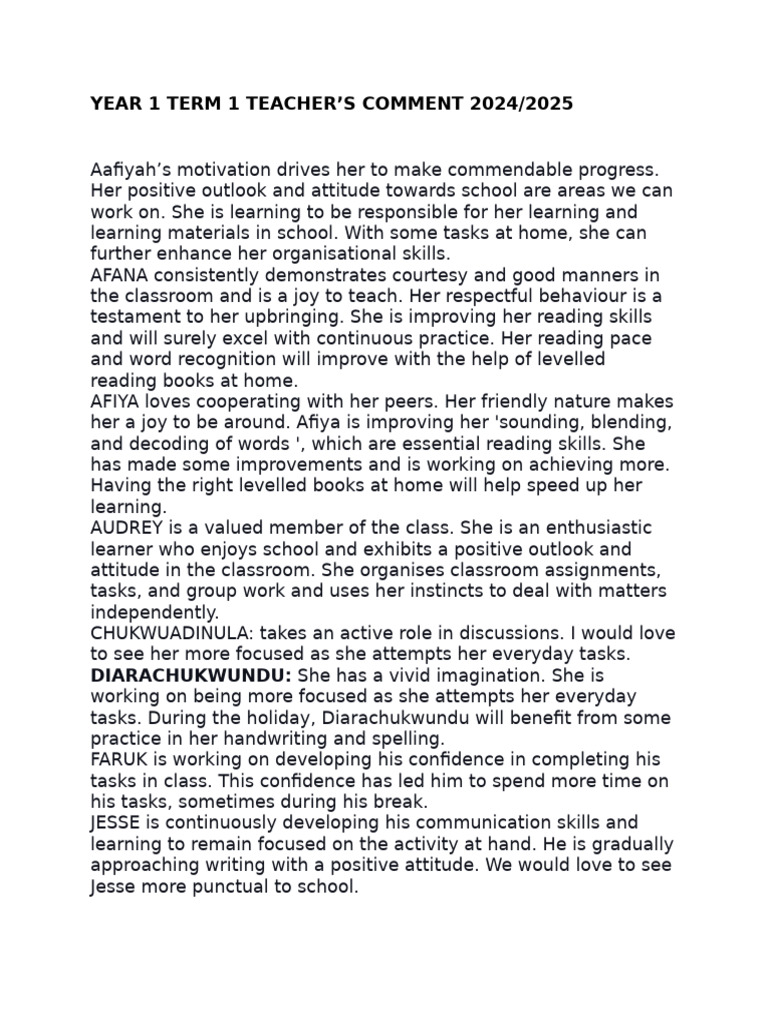 YEAR 1 TERM 1 TEACHER | PDF | Learning | Teachers