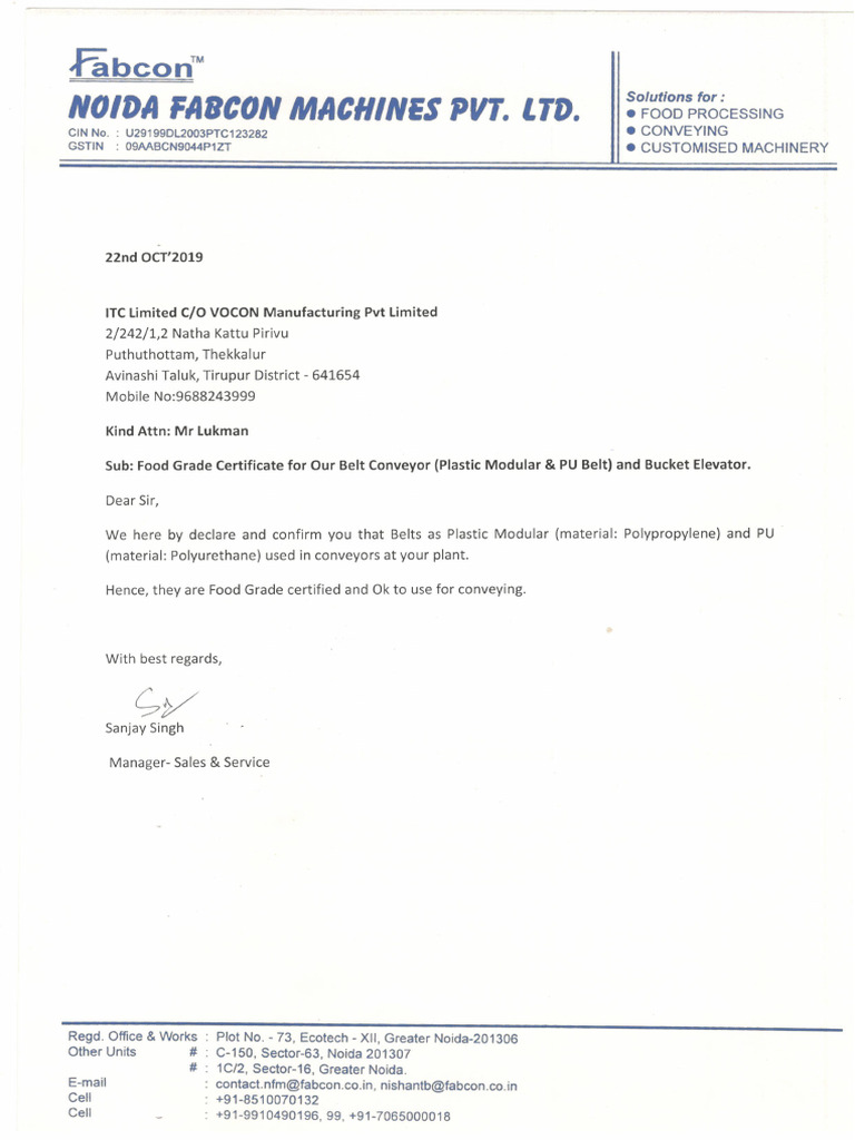 Food - Grade - Certificate For Conveyor | PDF