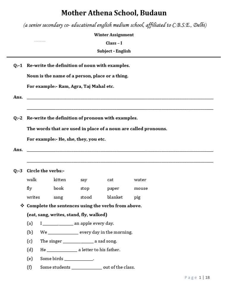 Class 1 English Winter Tasks | PDF | Subject (Grammar) | Verb