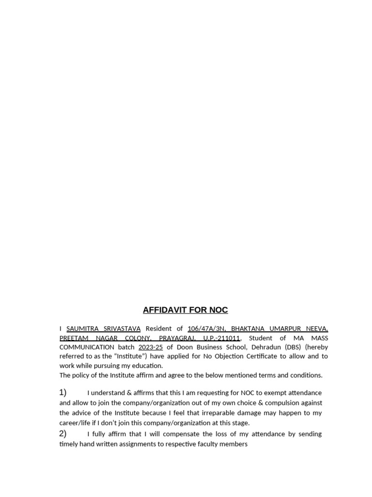 NOC-Affidavit by Student | PDF