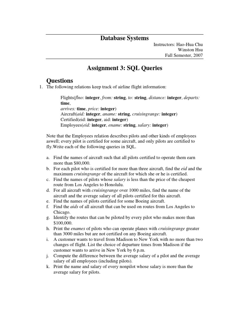 Assignment 3 Solution | Download Free PDF | Pilot (Aeronautics) | Sql