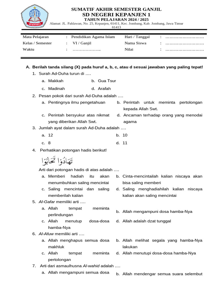 Soal Asas Ganjil PAI Kelas 6 | PDF
