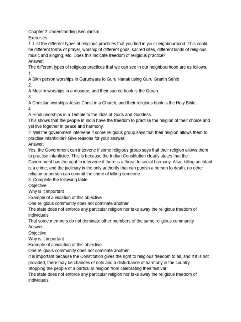Understanding Secularism Exercises | PDF | Freedom Of Religion ...