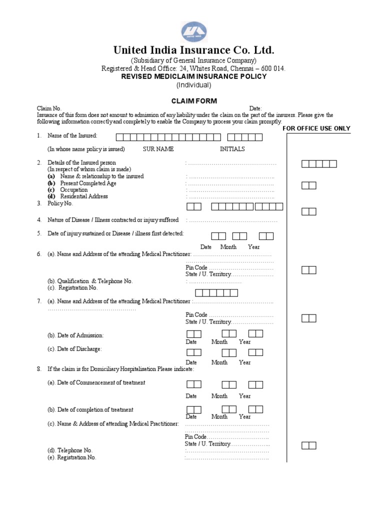 UIIC Claim Form | PDF | Pathology | Hospital