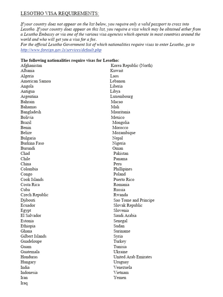 Lesotho Visa Requirements 1 | PDF | Arab World | Travel Visa