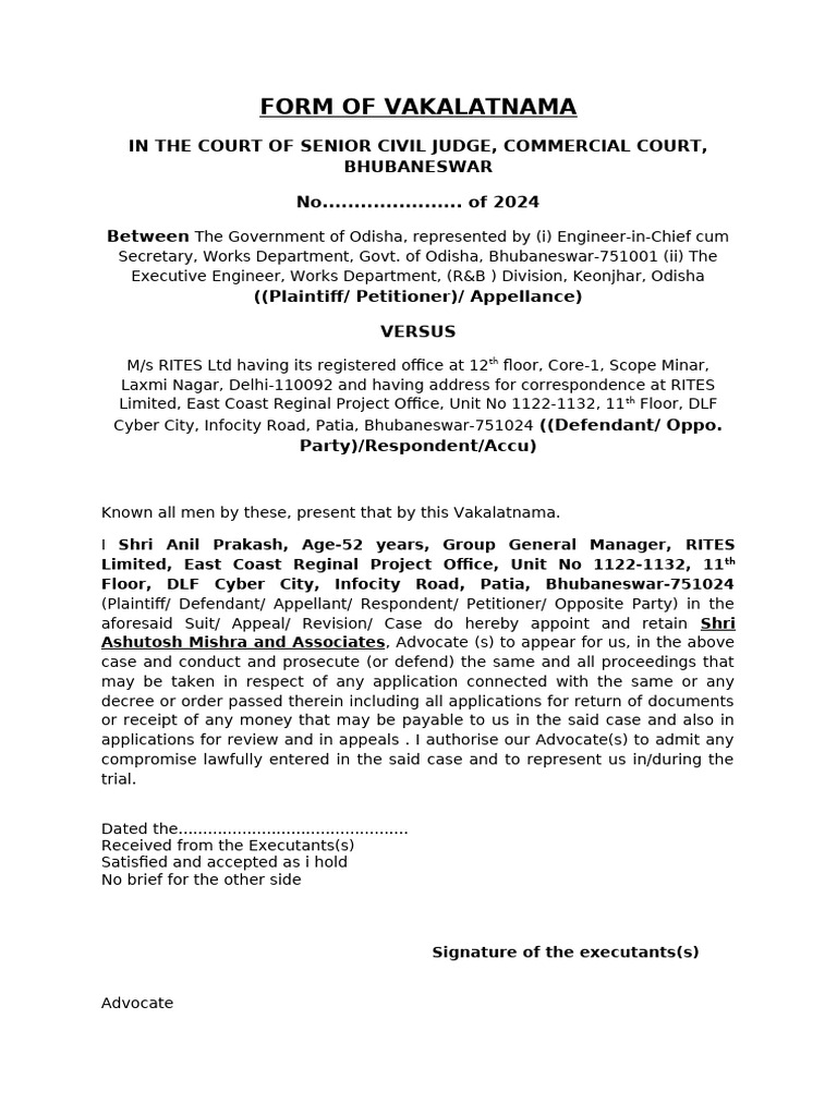 Vakalatnama Format for Odisha Courts | PDF
