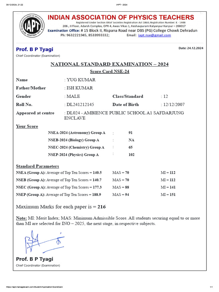 IAPT Exam Score Card 2024 | PDF