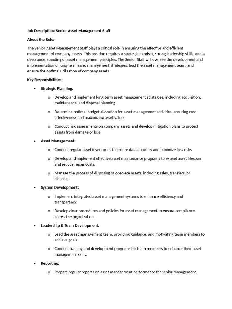 Senior Asset Management Staff Role | PDF | Asset Management | Leadership