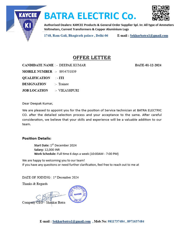 Deepak Offer letter | PDF