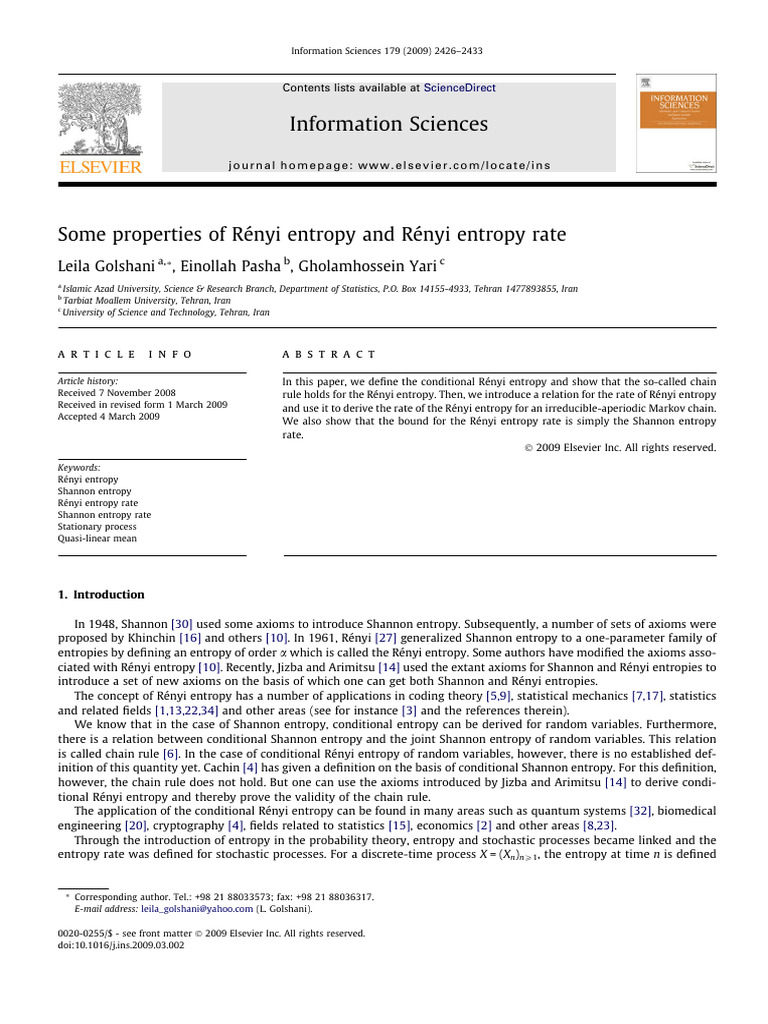 2009 Golshani - Some Properties of Rényi Entropy and Entropy Rate | PDF ...