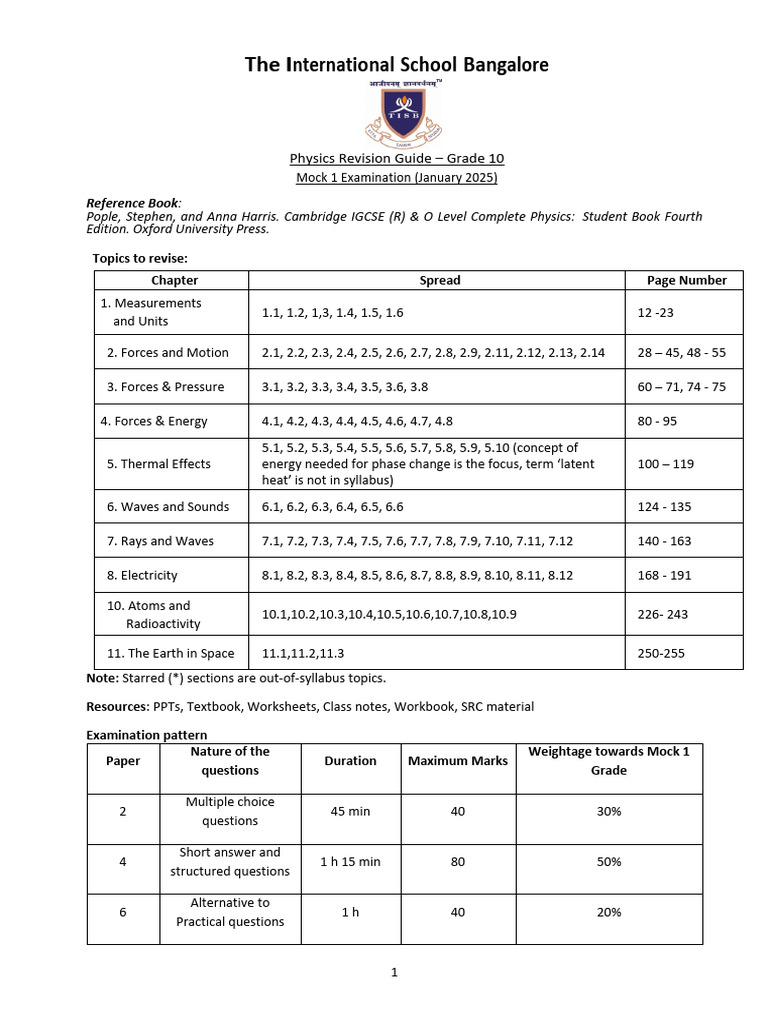 Grade 10 Revision Guidelines For Mock 1 2024-2025 | PDF | Physical ...