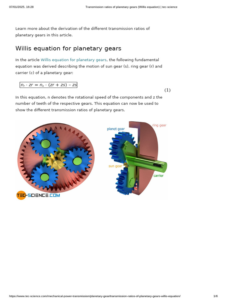 Transmission Ratios of Planetary Gears (Willis Equation) - Tec-Science ...
