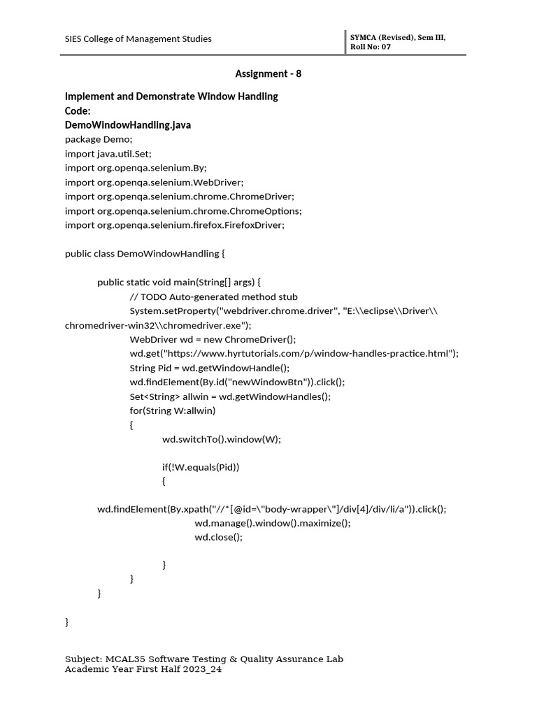 Assignment 8 STQA 007 | PDF