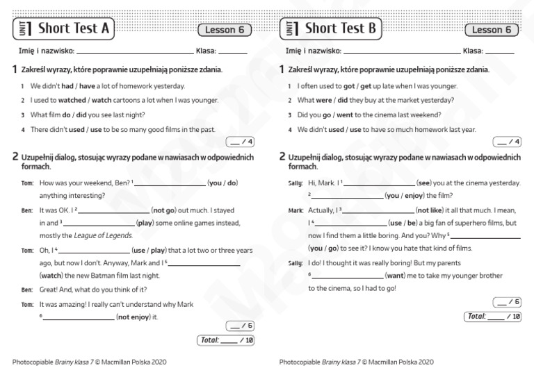 Brainy_kl7_Short_Tests_Unit_1_Lesson_6 | PDF