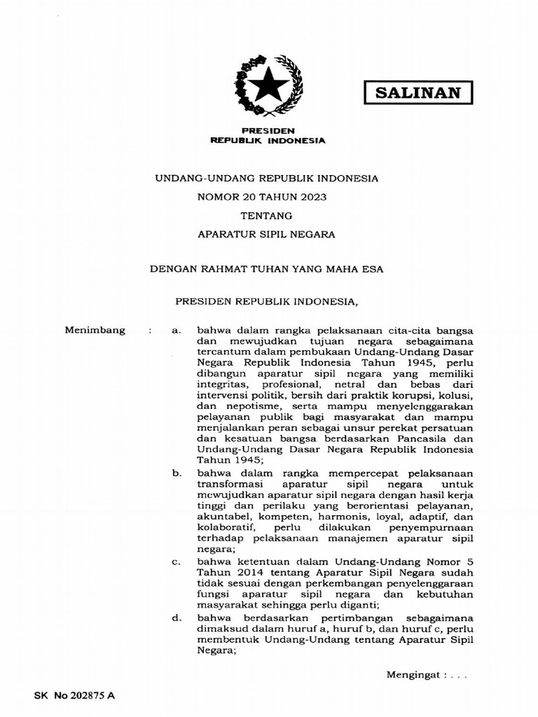 Salinan UU Nomor 20 Tahun 20231 | PDF