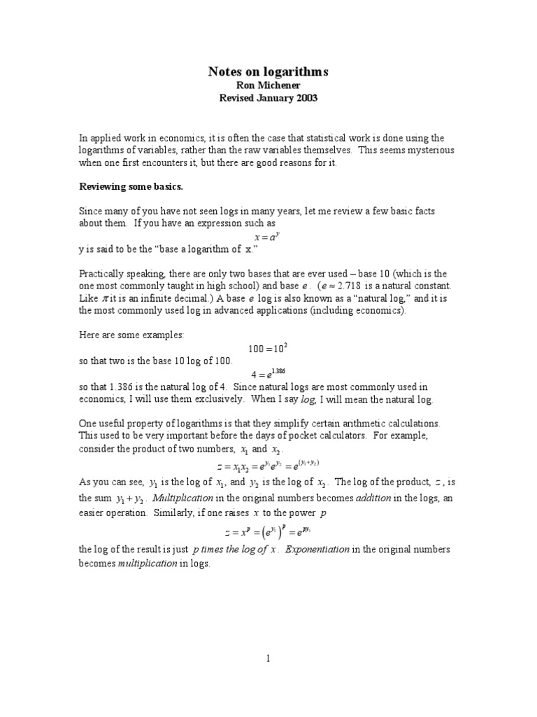 Notes On Logarithms: Ron Michener Revised January 2003 | PDF | Finance ...
