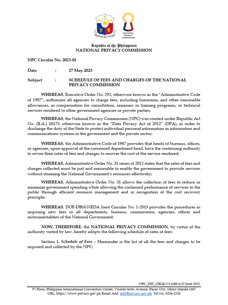 SCHEDULE OF FEES AND CHARGES OF THE NATIONAL (NPC Circular No. 2023 01 ...