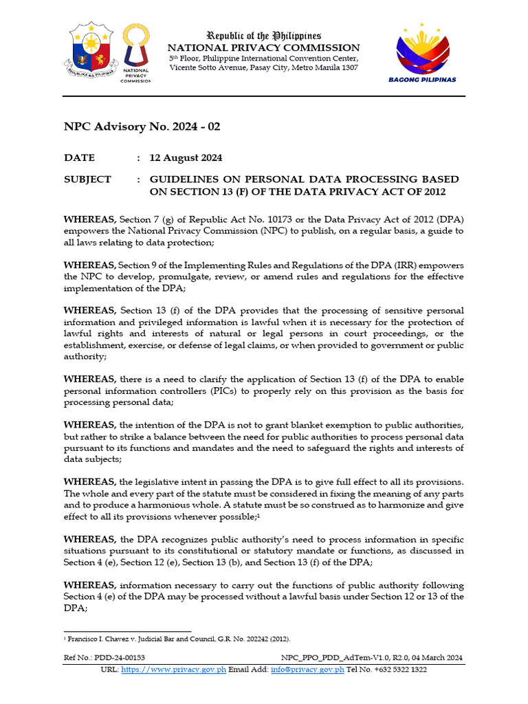 GUIDELINES ON PERSONAL DATA PROCESSING BASED ON SECTION 13 (F) OF THE DATA PRIVACY ACT OF 2012 ...