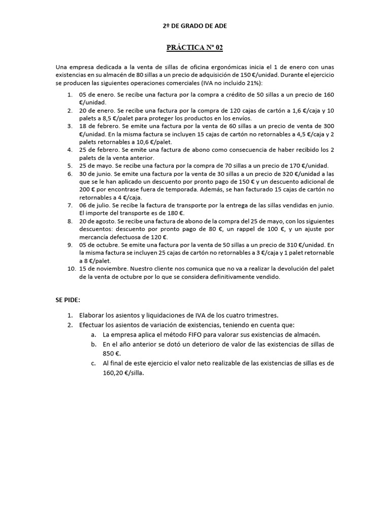ENUNCIADO PRÁCTICA 2 PLANIFICACIÓN CONTABLE | PDF | Factura